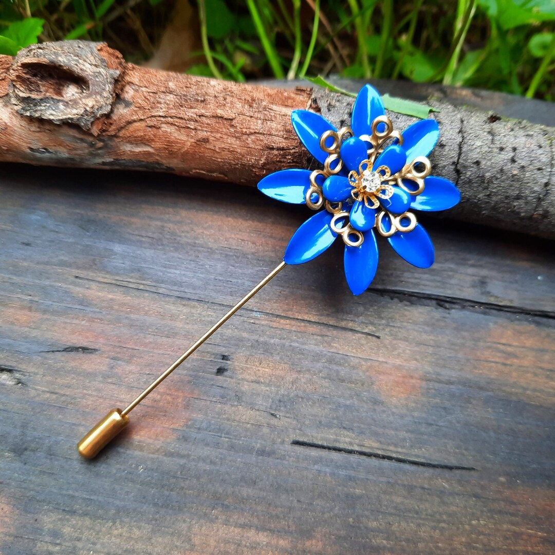 Royal Blue Lapel Flower Pin Bright Blue Stick Pin Jacket Brooch ...