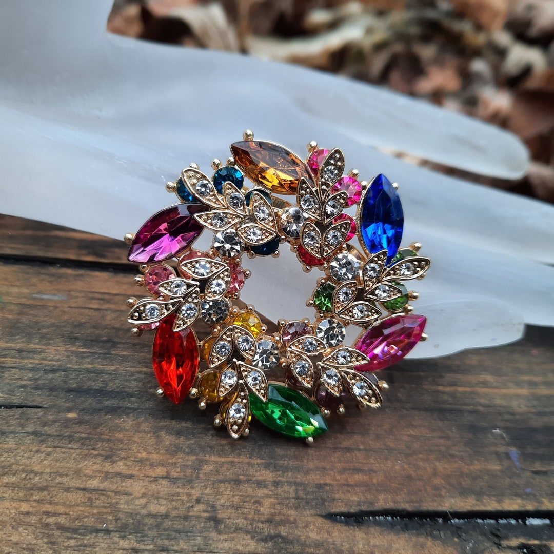 Multicolor Rhinestone Wreath Embellishment Flat Back or Brooch Pin Gold ...
