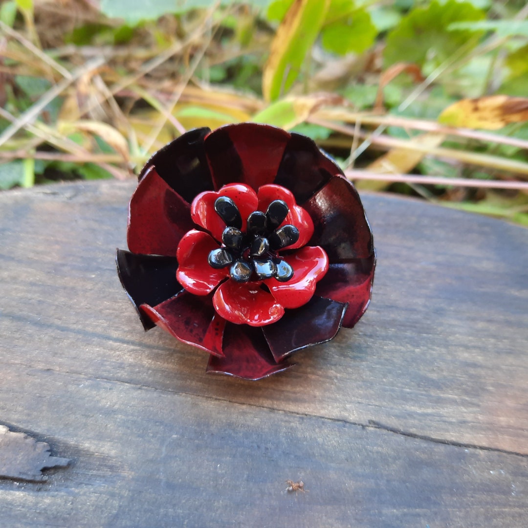 Small Red and Black Flower Brooch Handmade Enamel Painted Brass Metal ...