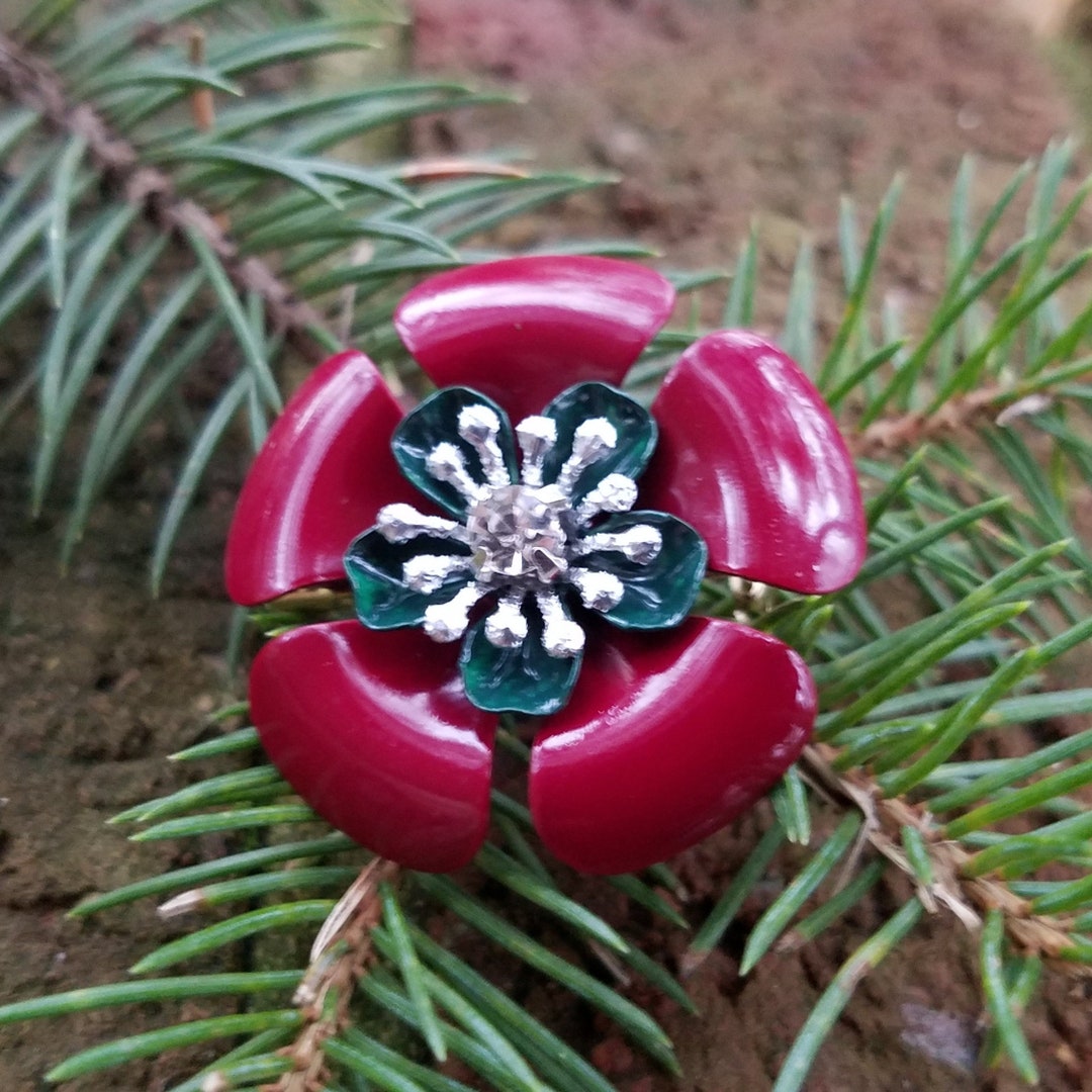 Small Red and Green Mini Enamel Flower Brooch Silver Red and Green Pin ...