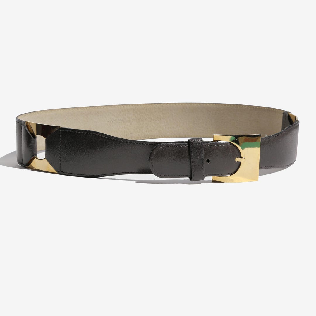 60's Space Age Leather Belt | Retro Modern Belt | Gold Metal Belt ...