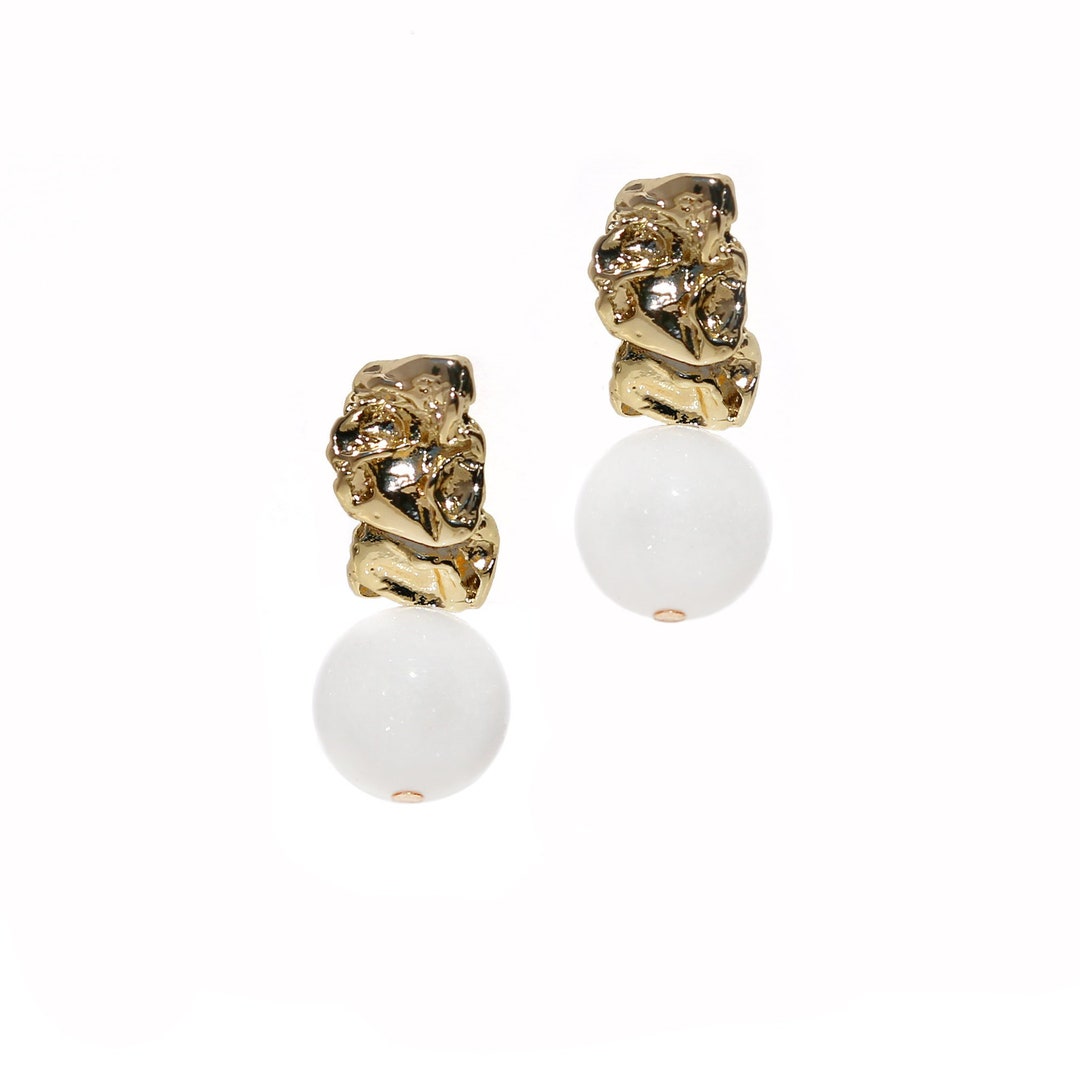 Crushed Stud White Jade Earring / Textured Gold Stud Dangle Earring ...