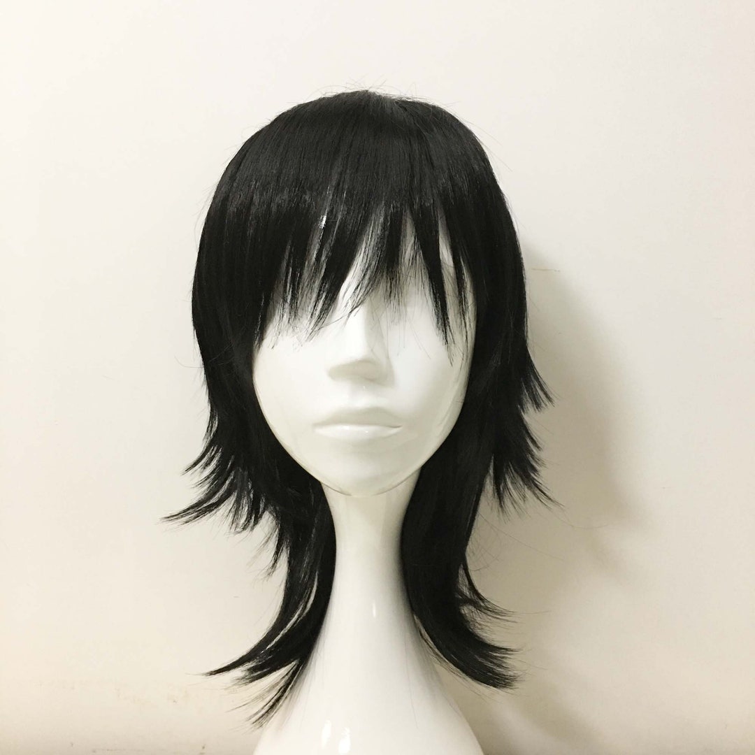 Black Mullet Wig Wolf Cut Wig Unisex Scene Layered Bangs Emo Wig Medium ...