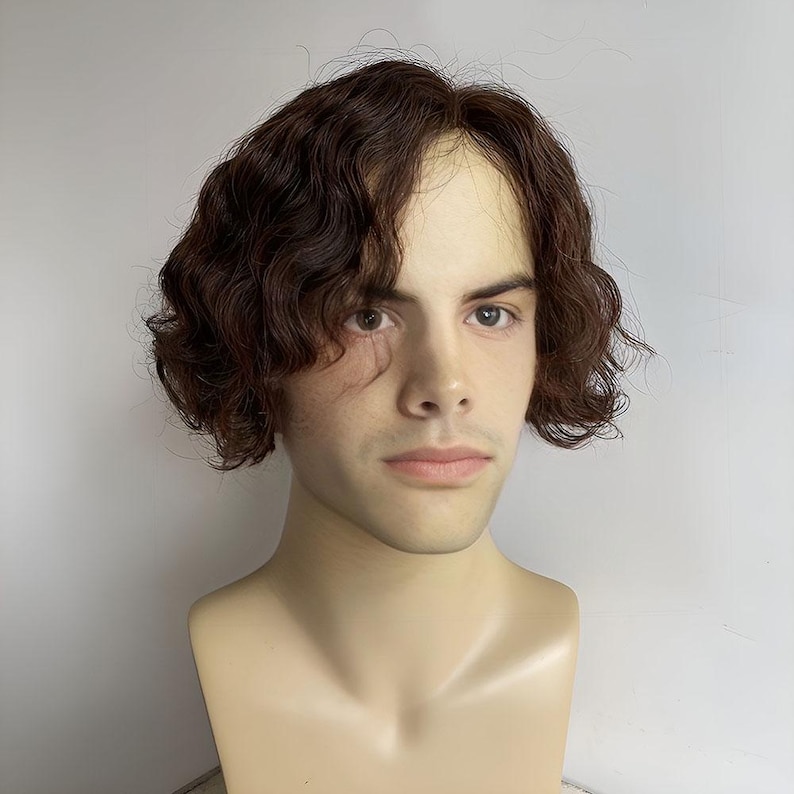 Mens Human Hair Wigs Dark Brown Short Bob Curly Male Curtain Bangs ...