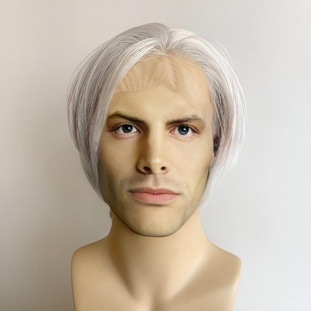 Silver Gray Lace Front Wig for Men Long Curtain Bangs Short Straight ...