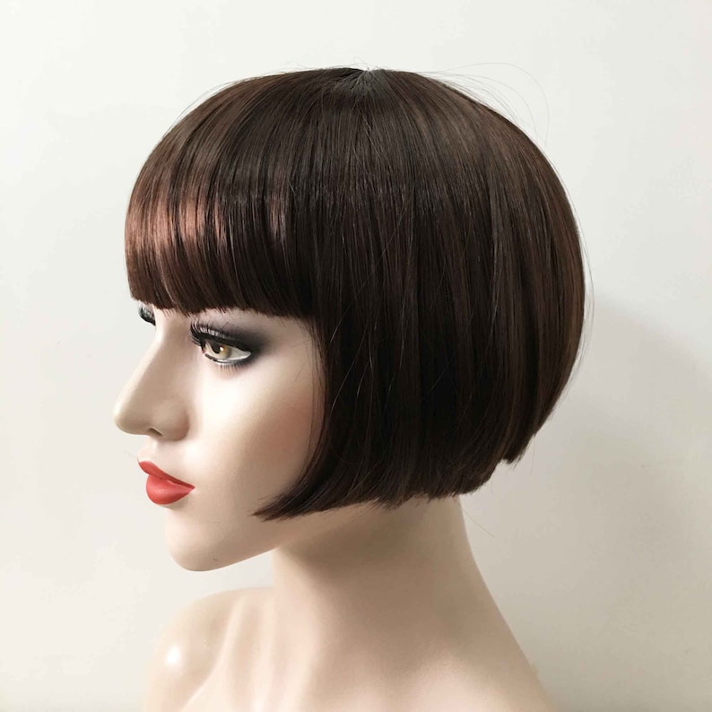 Women Dark Brown Rounded Mushroom Head Bob Full Bangs Short Straight ...