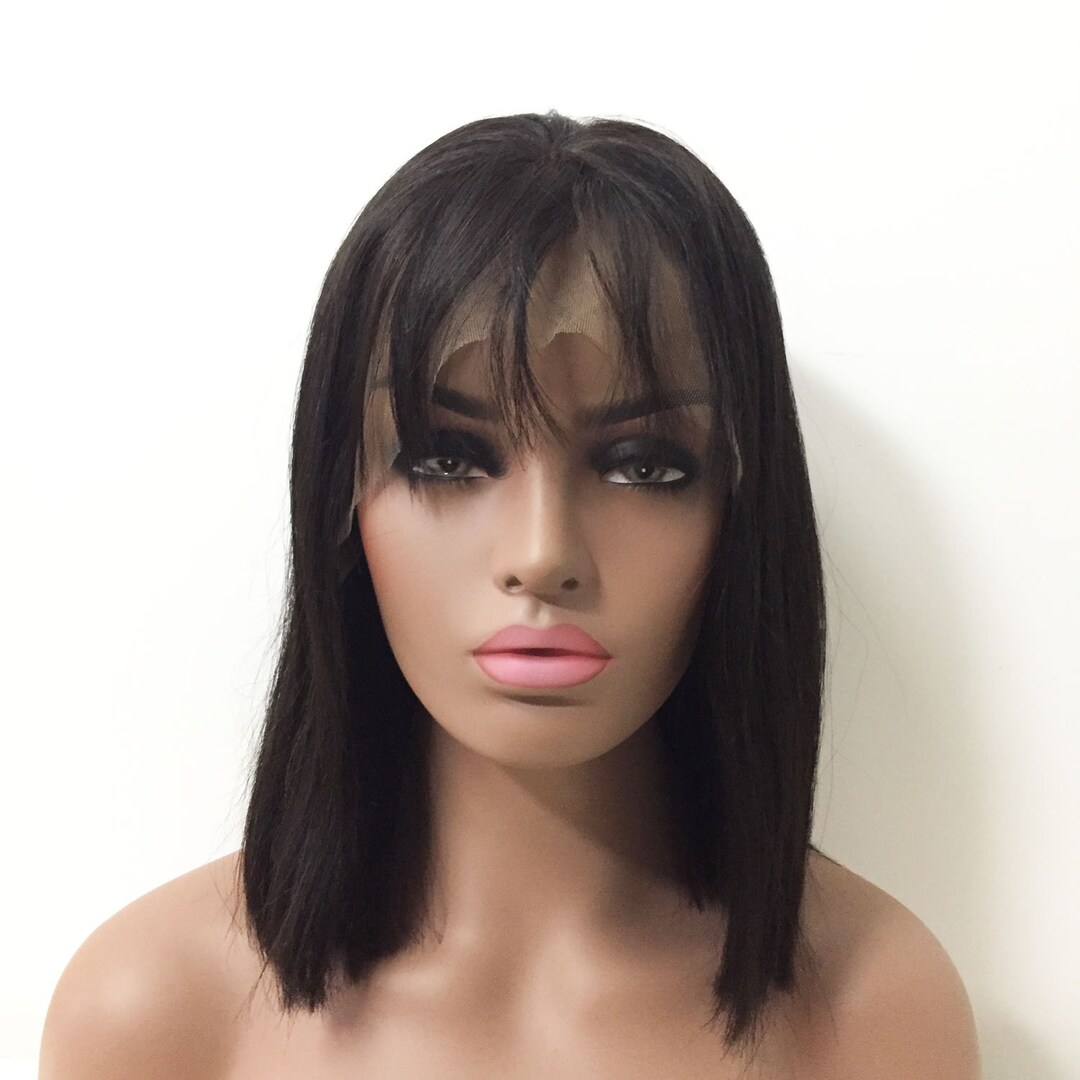 Black Human Hair Wig for Women Lace Front Real Hair Wig With Bangs ...