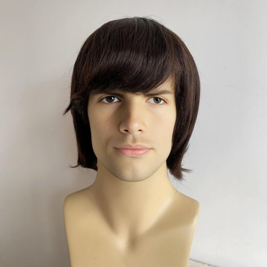 Men Human Hair Wig Dark Brown Wig Short Straight Real Hair Thick Bangs ...