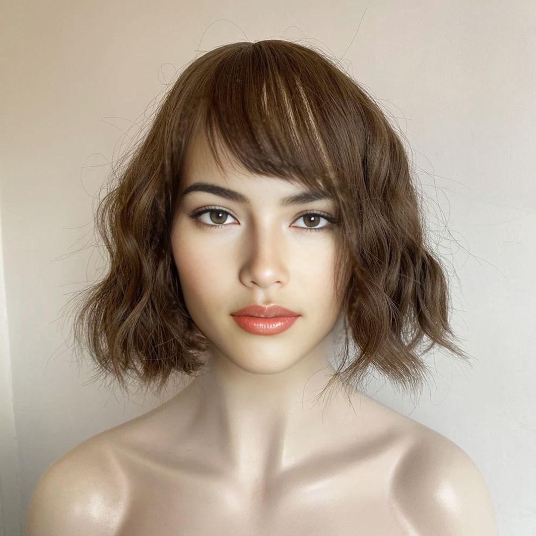 Dark Brown Curly Wig for Women Short Bob Wig With Bangs Brown Wavy ...
