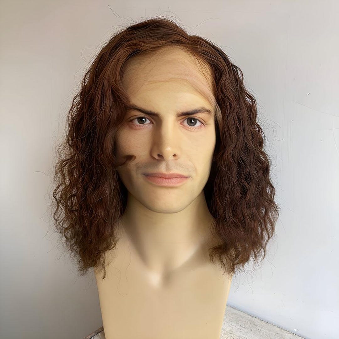 Men Human Hair Wig Brown Lace Front Wig for Male Long Curly Costume ...
