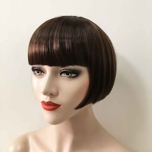Women Dark Brown Rounded Mushroom Head Bob Full Bangs Short Straight ...