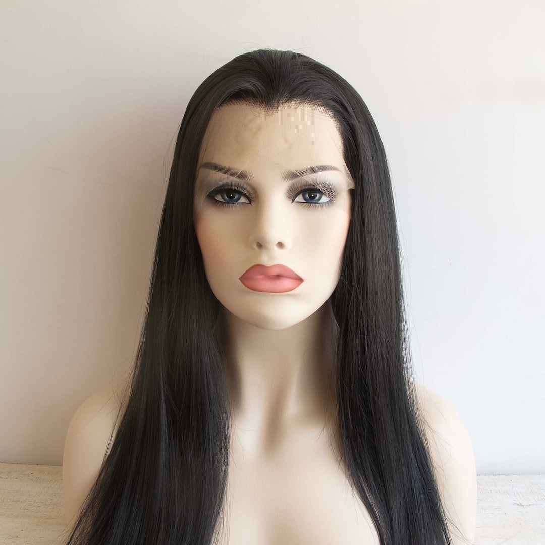 Women Black Lace Front Long Straight Widows Peak Hairline Slicked Hair