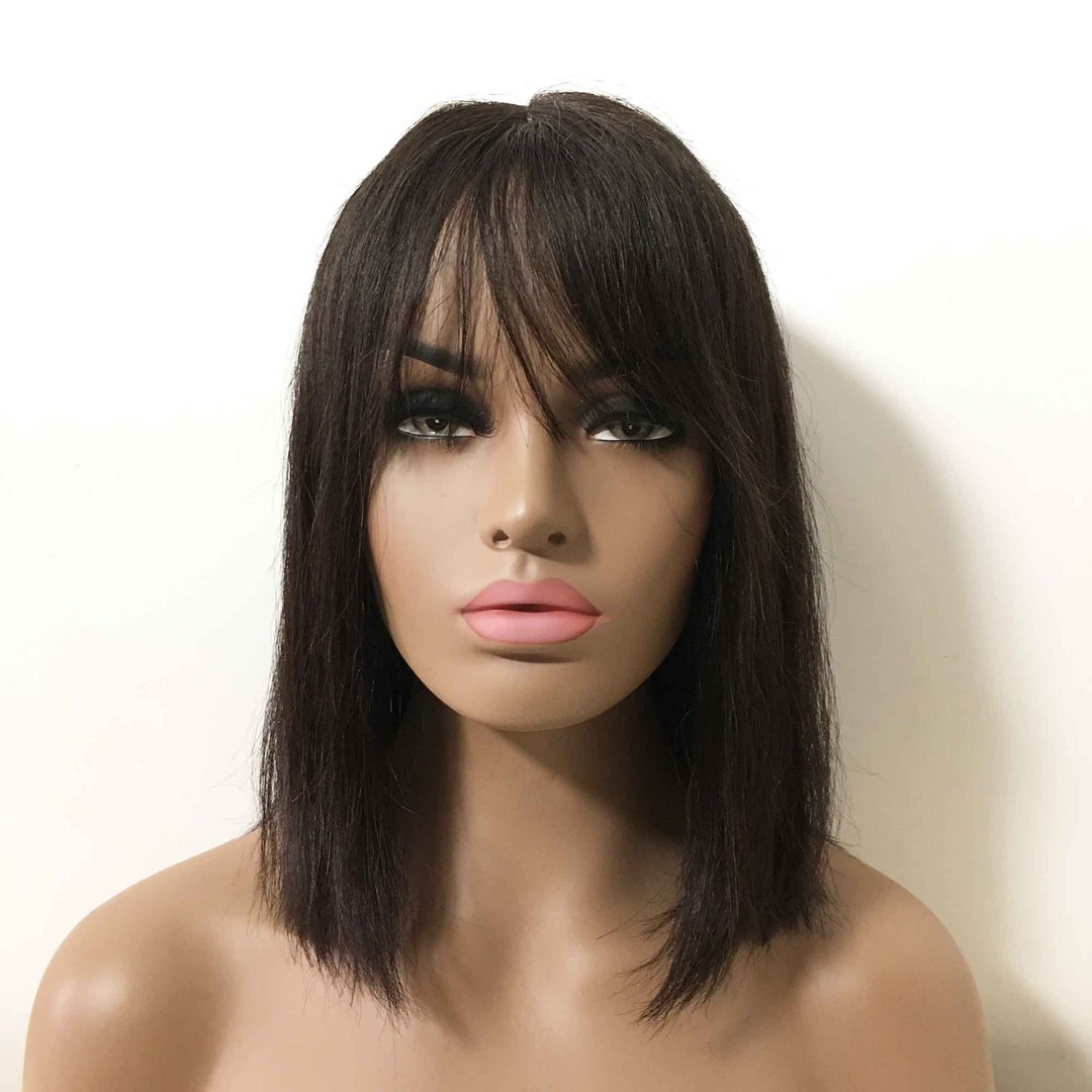 Women Real Human Hair Wig Natural Black Thin Fringe Bangs Wig Shoulder Length Straight Hair Wigs ...