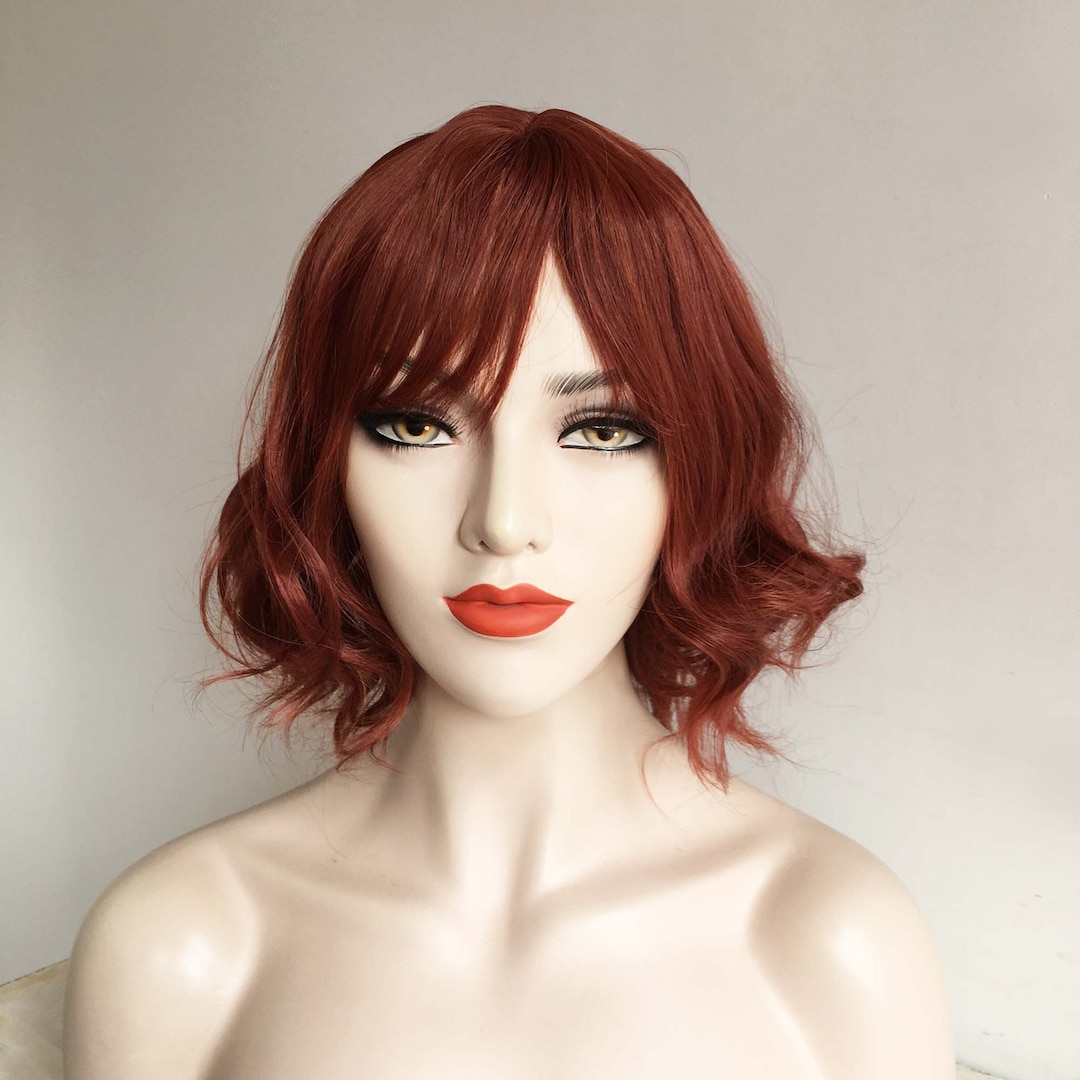 Women Auburn Dark Red Curly Bob Short Fringe Bangs Short Hair Synthetic ...