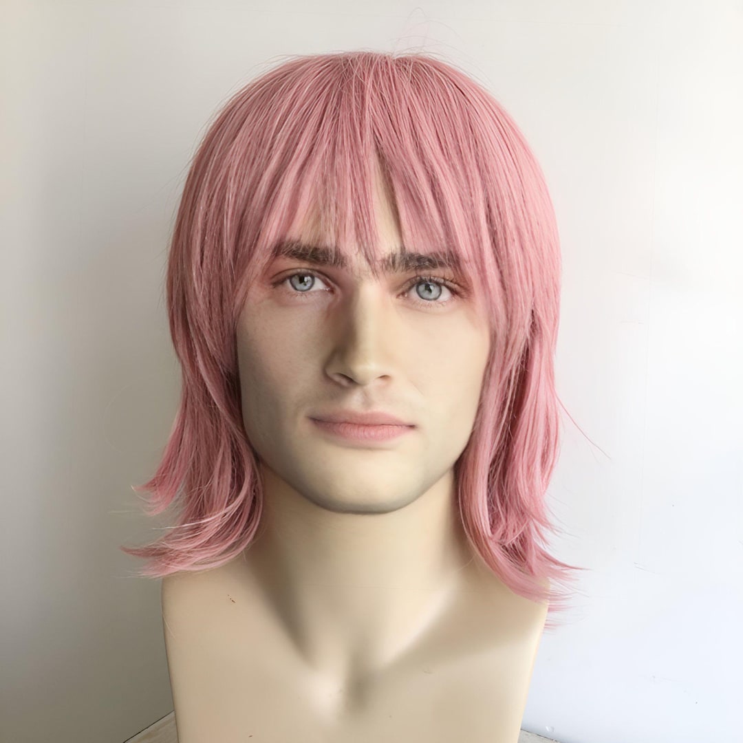 Pink Cosplay Wig With Bangs, Men's Short Straight Anime Hair - Etsy