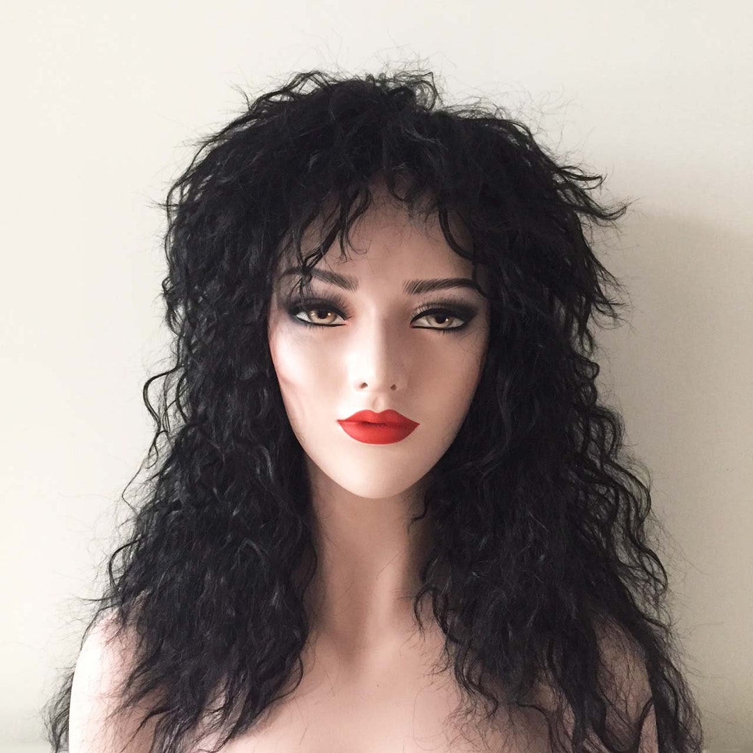 Black Frizzy Fluffy Wig for Women Wavy Curly Punk Rock Wig With Bangs ...