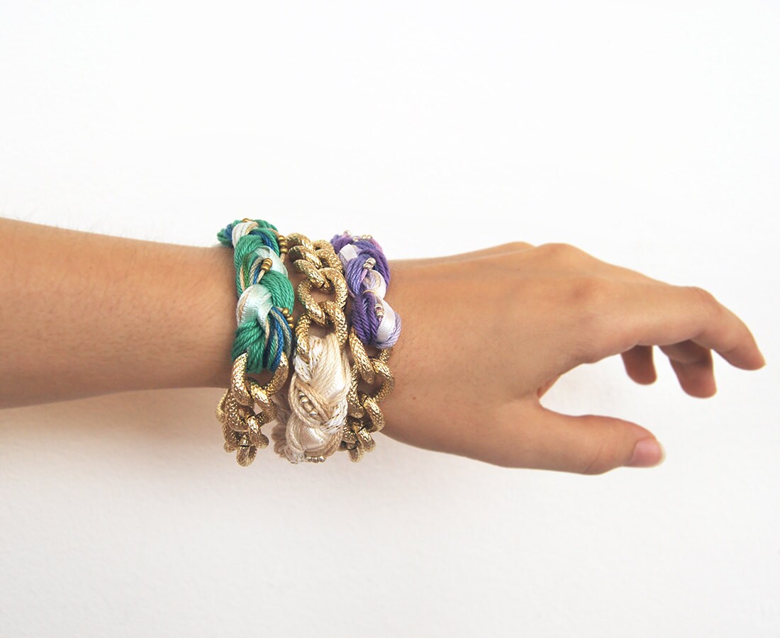 Emerald Green Bracelet With Chunky Chain, Green Braid Bracelet, Green ...