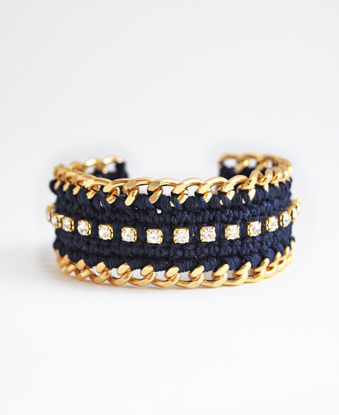Navy Blue Bracelet, Crochet Bracelet With Rhinestones, Chunky Chain ...