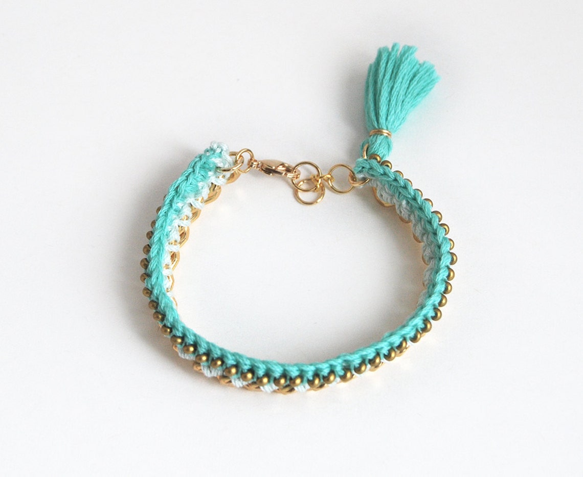 Mint Bracelet, Crochet Bracelet With Chunky Chain, Mint Tassel Bracelet ...