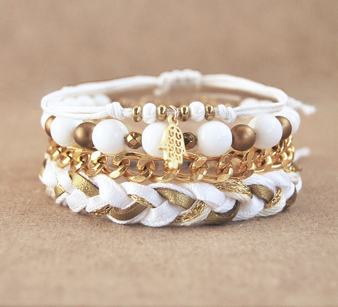 Hamsa Hand Bracelet Stack, Set of Bracelets, White and Gold Arm Candy ...