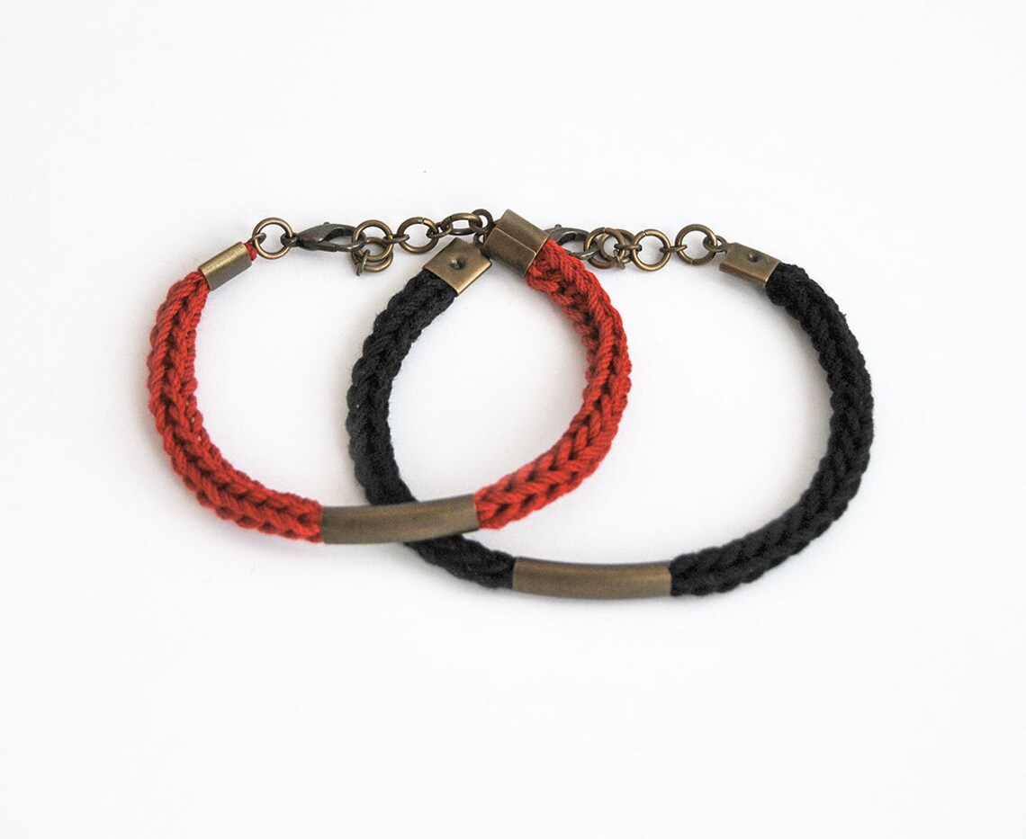 Couple Bracelet Set, Black and Red Knit Bracelet With Antique Tube, His ...