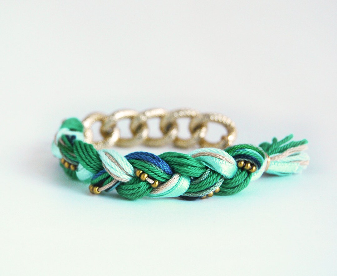 Emerald Green Bracelet With Chunky Chain, Green Braid Bracelet, Green ...