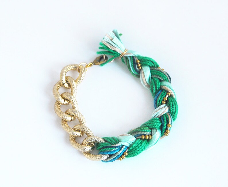 Emerald Green Bracelet With Chunky Chain, Green Braid Bracelet, Green ...