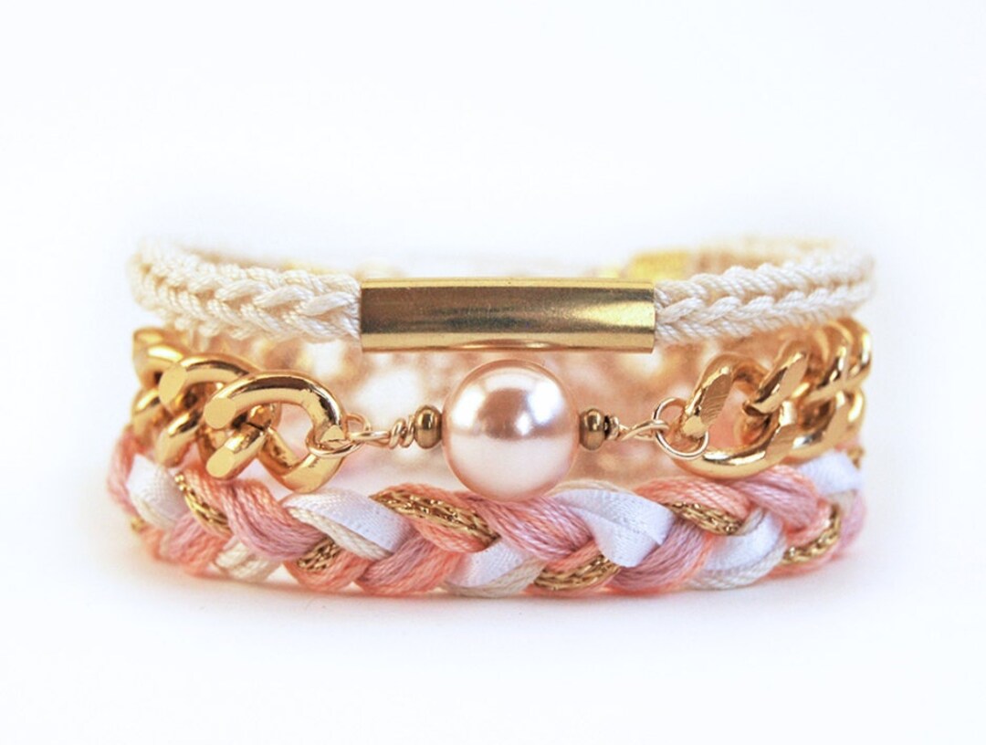 Pink Bracelet Stack With Chunky Chain, Romantic Braided Bracelet Set ...