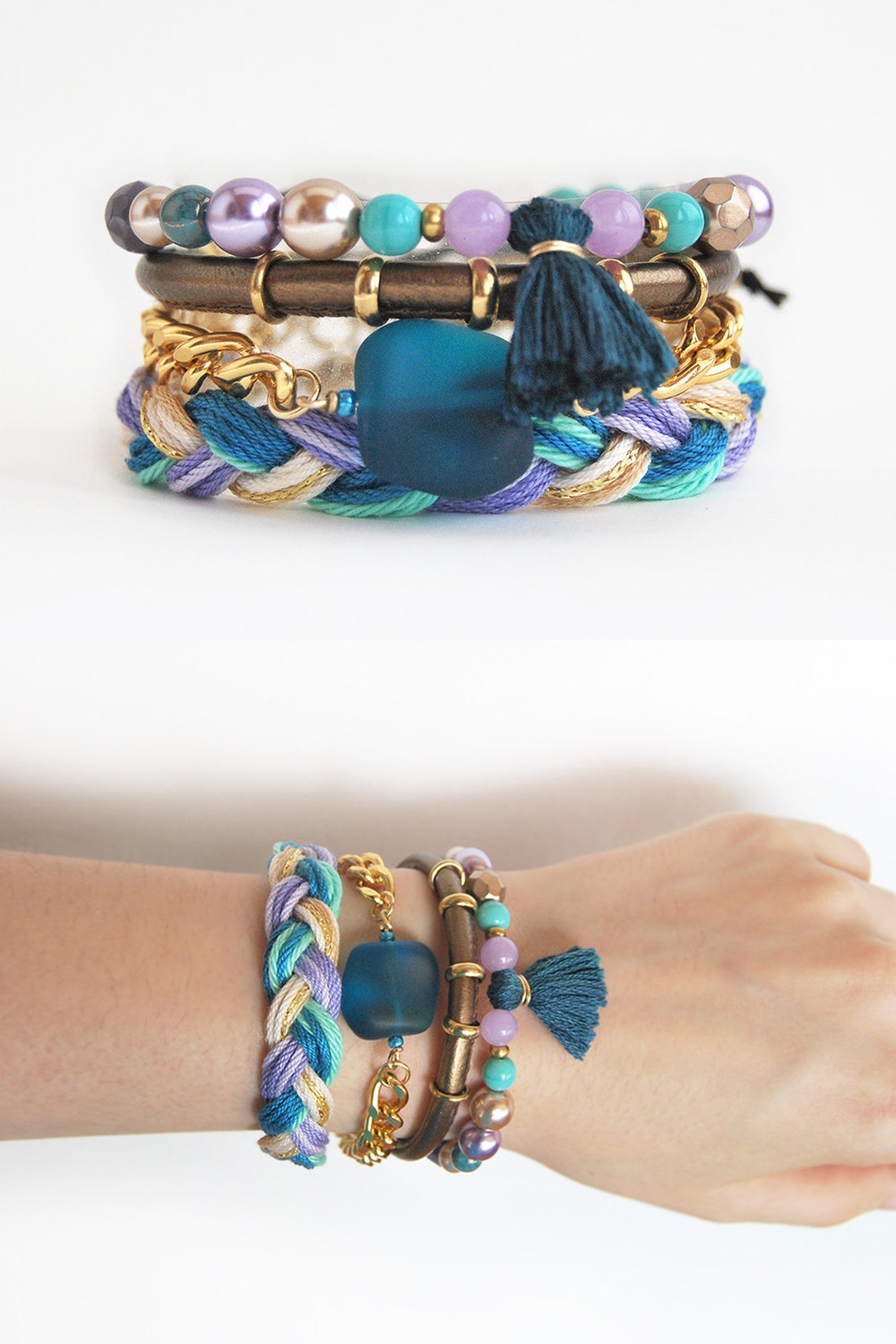 Boho Bracelet Stack Violet and Turquoise Set of Bracelets - Etsy