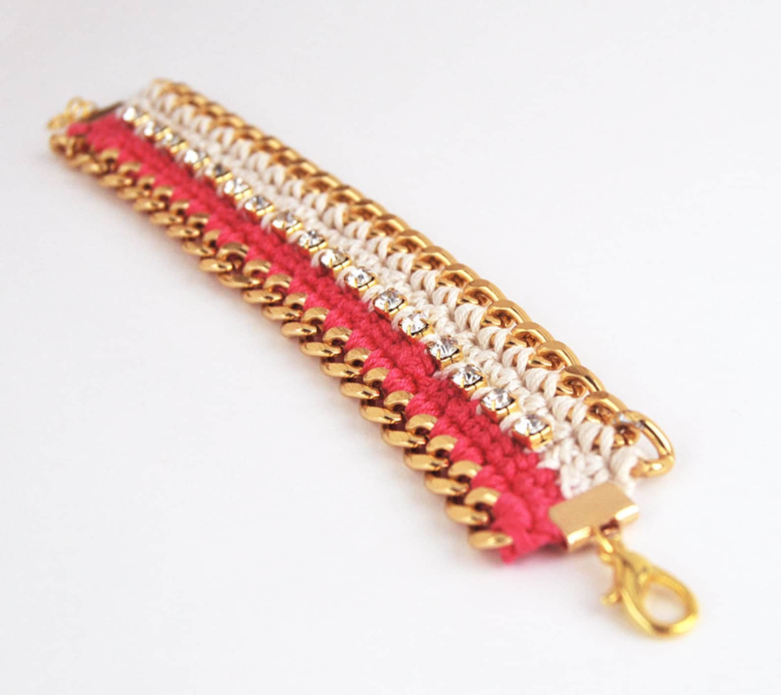 Pink Bracelet With Rhinestones and Chunky Chain, Crochet Bracelet in ...