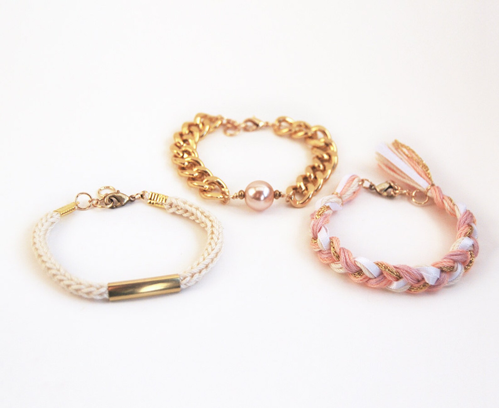 Pink Bracelet Stack With Chunky Chain, Romantic Braided Bracelet Set ...