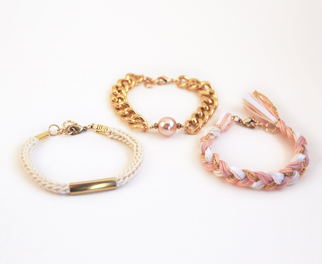 Pink Bracelet Stack With Chunky Chain, Romantic Braided Bracelet Set ...