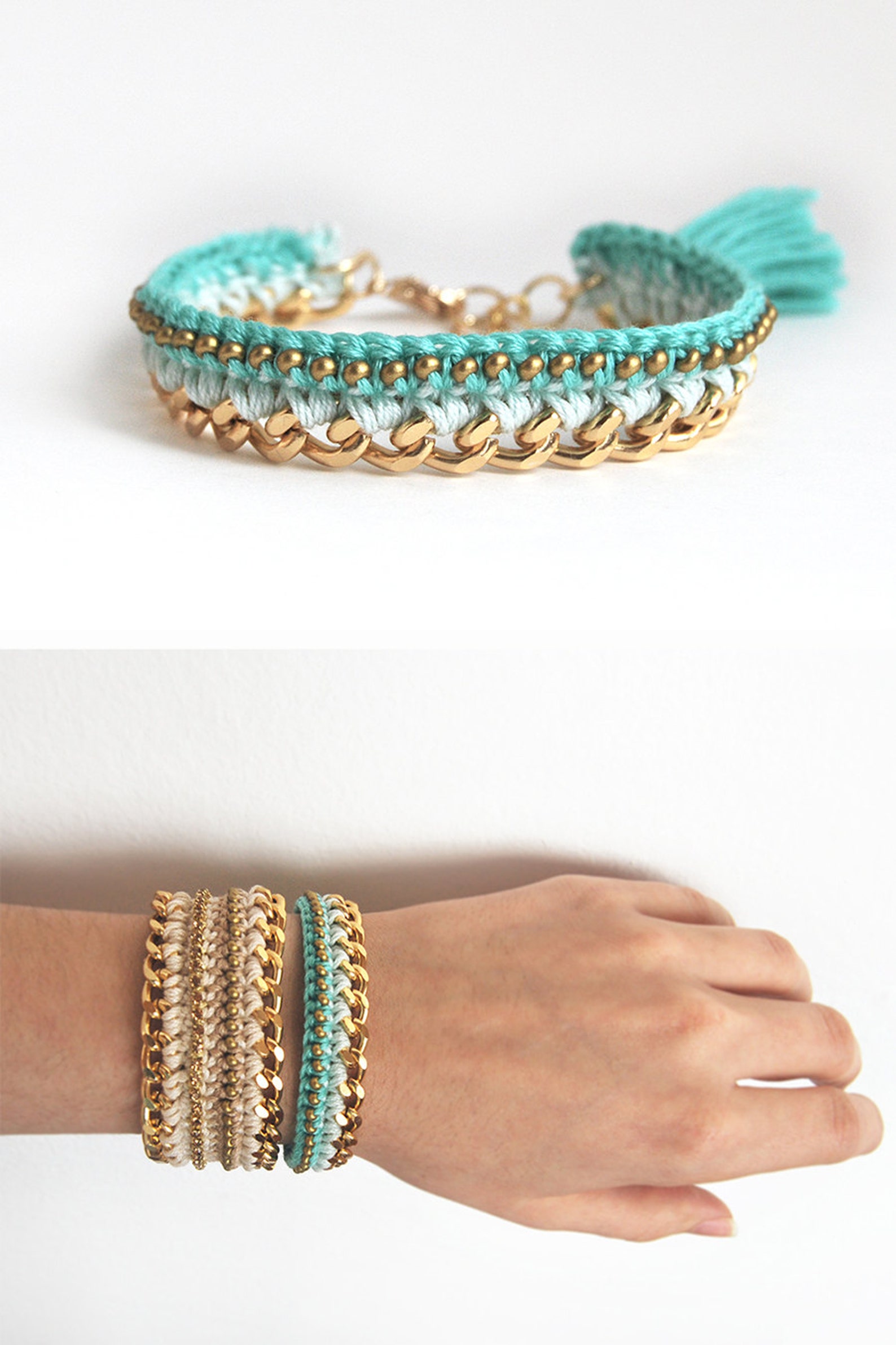 Mint Bracelet, Crochet Bracelet With Chunky Chain, Mint Tassel Bracelet ...