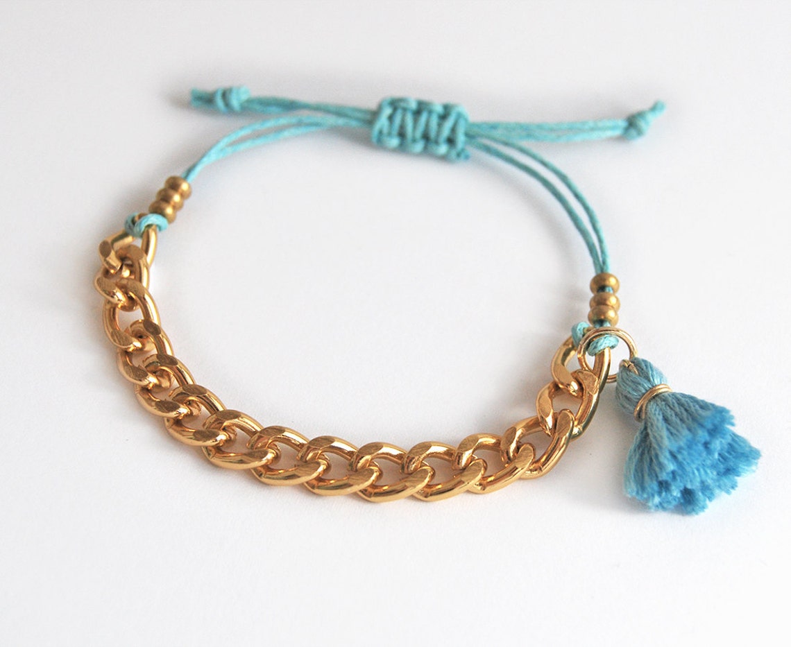 Aqua blue bracelet with chunky chain turquoise tassel | Etsy