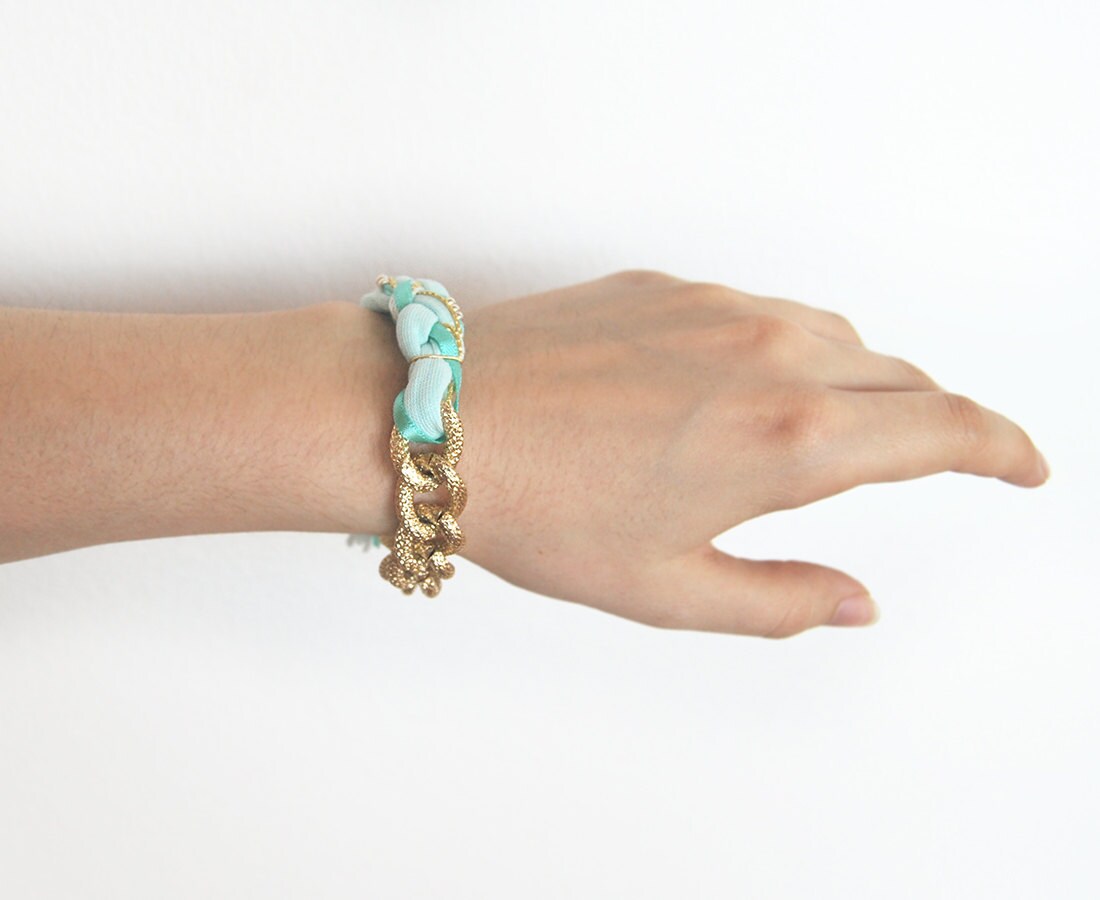 Mint Bracelet With Chunky Chain, Mint Bohemian Braided Bracelet, Chunky ...