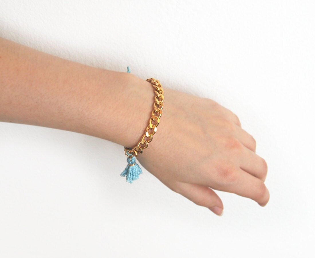 Aqua Blue Bracelet With Chunky Chain Turquoise Tassel - Etsy