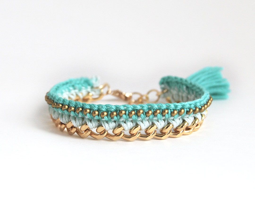 Mint Bracelet, Crochet Bracelet With Chunky Chain, Mint Tassel Bracelet ...