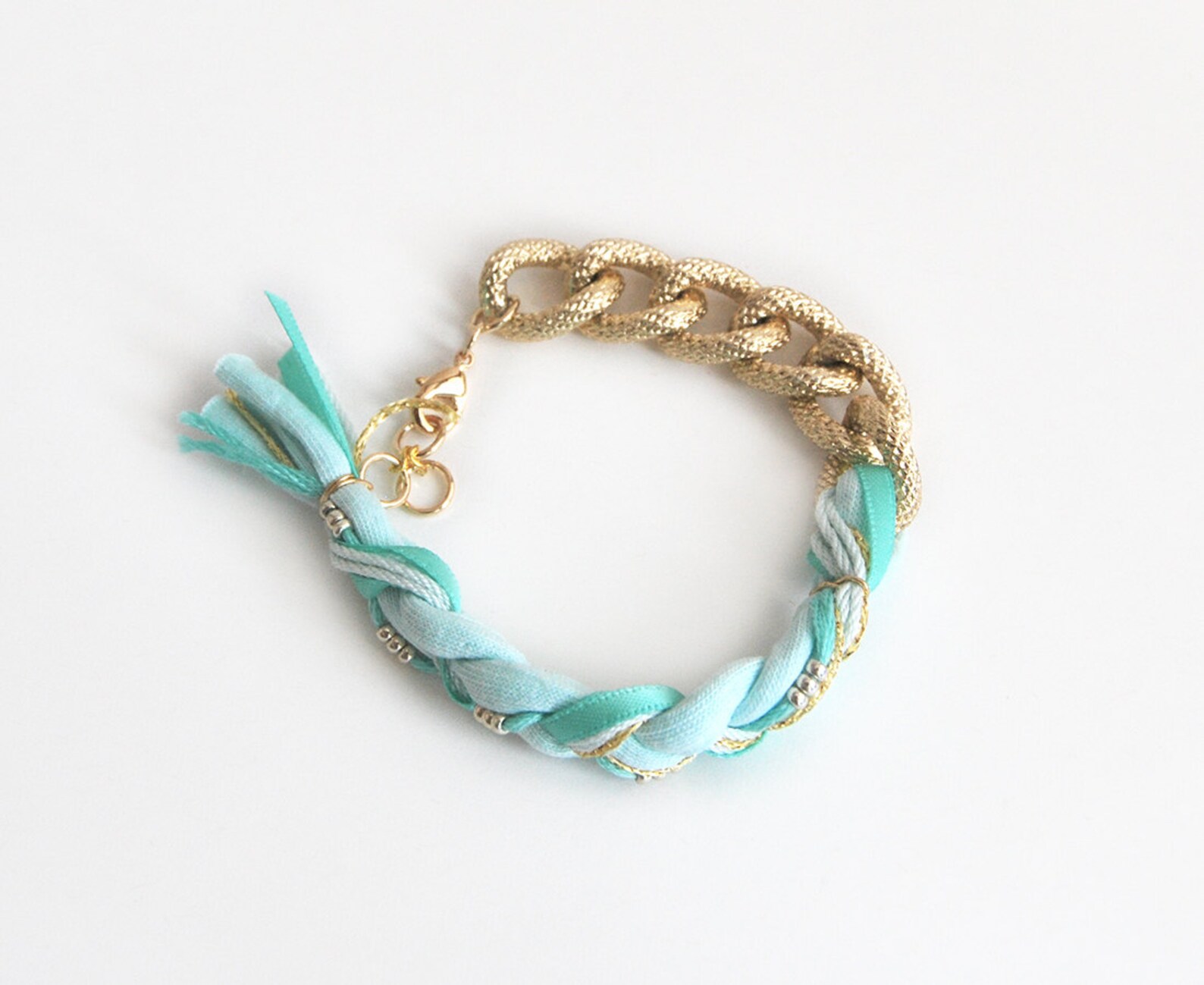 Mint Bracelet With Chunky Chain, Mint Bohemian Braided Bracelet, Chunky ...