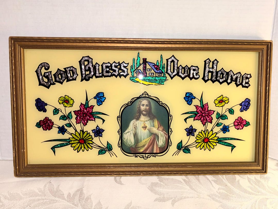 Vintage 1955 Reverse Glass Tinsel Art "god Bless Our Home" – Sacred ...
