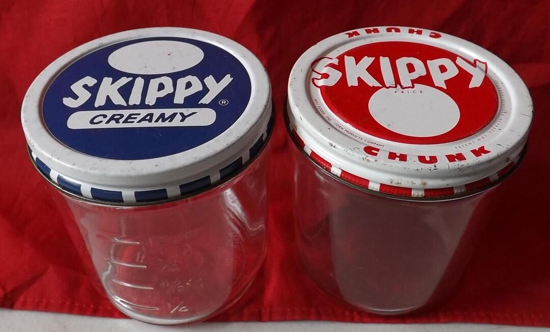 Two Skippy Peanut Butter Glass Jars and Metal Lids See Description for ...