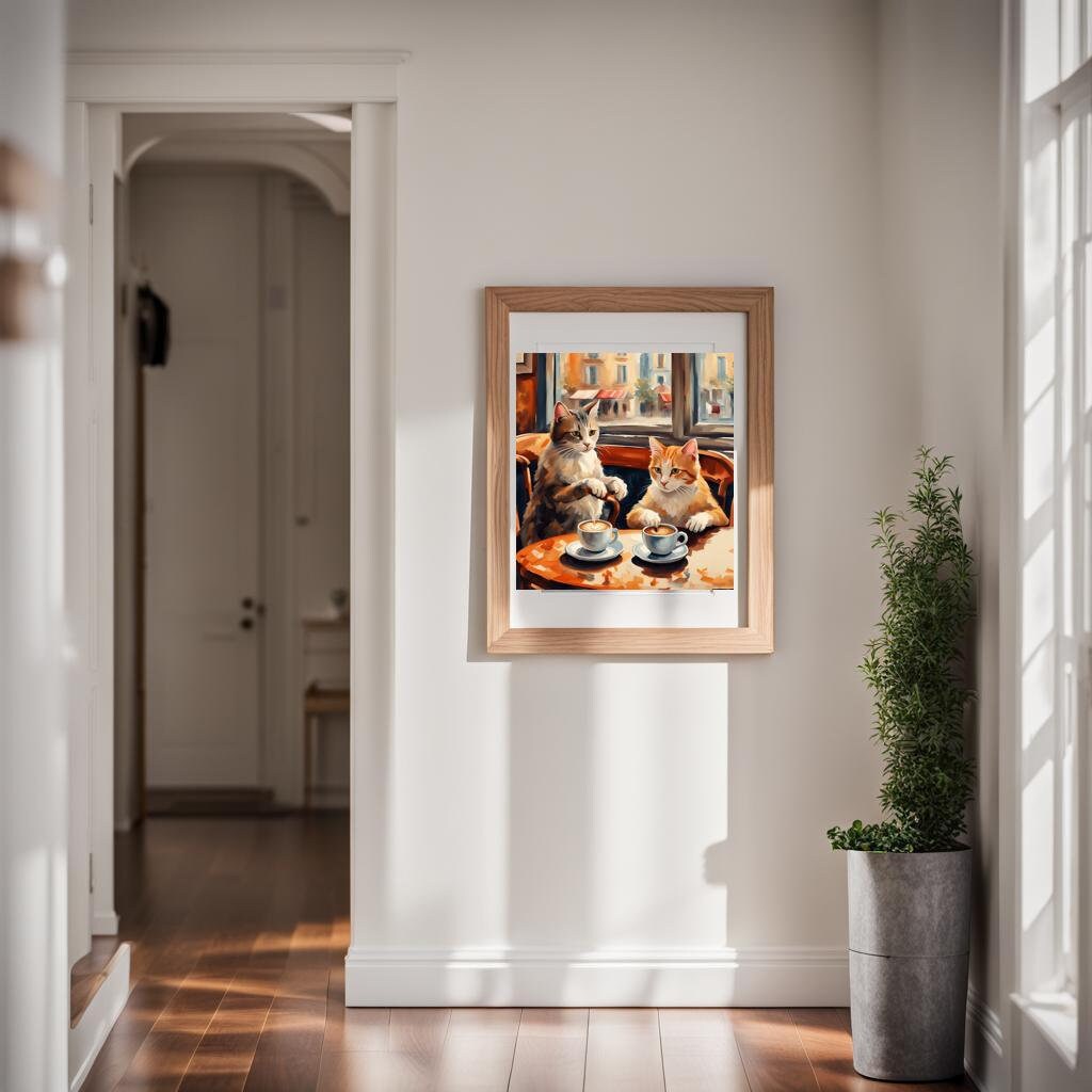 Two Cats in a French Cafe Drinking Coffee, Cat Lovers, Digital Print ...
