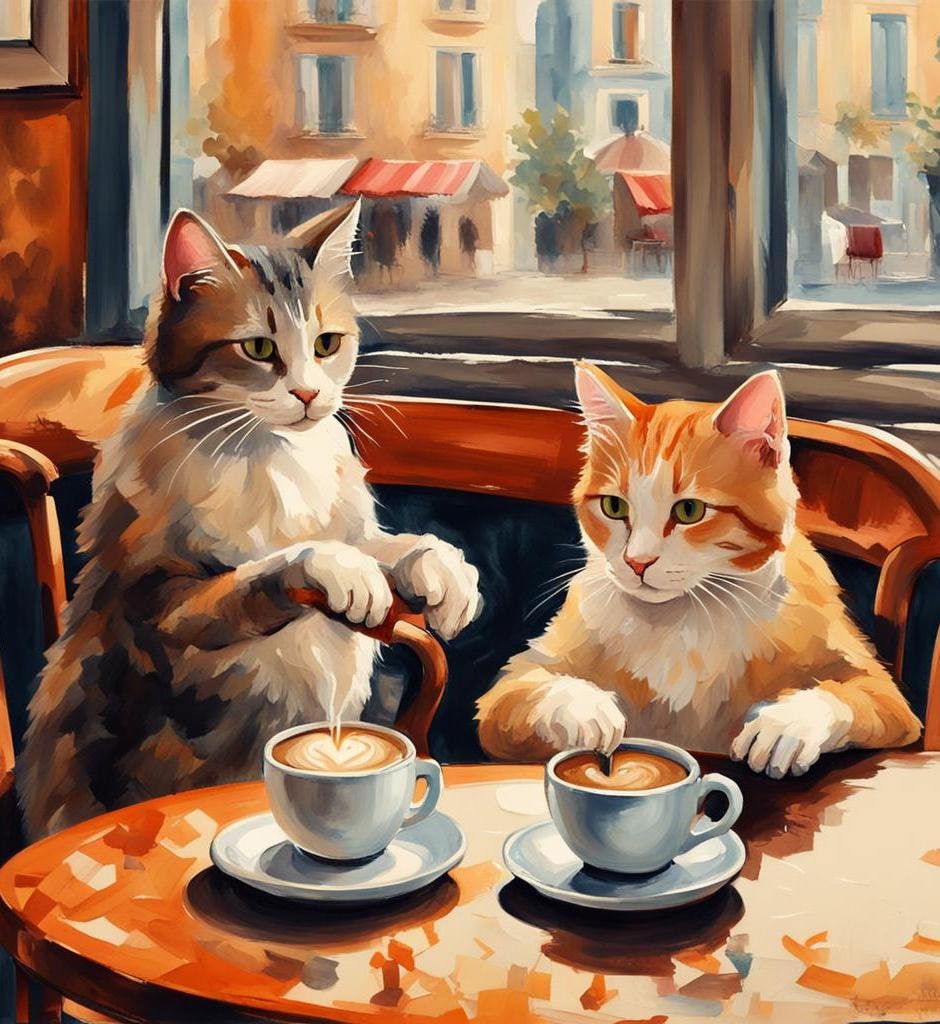 Two Cats in a French Cafe Drinking Coffee, Cat Lovers, Digital Print ...