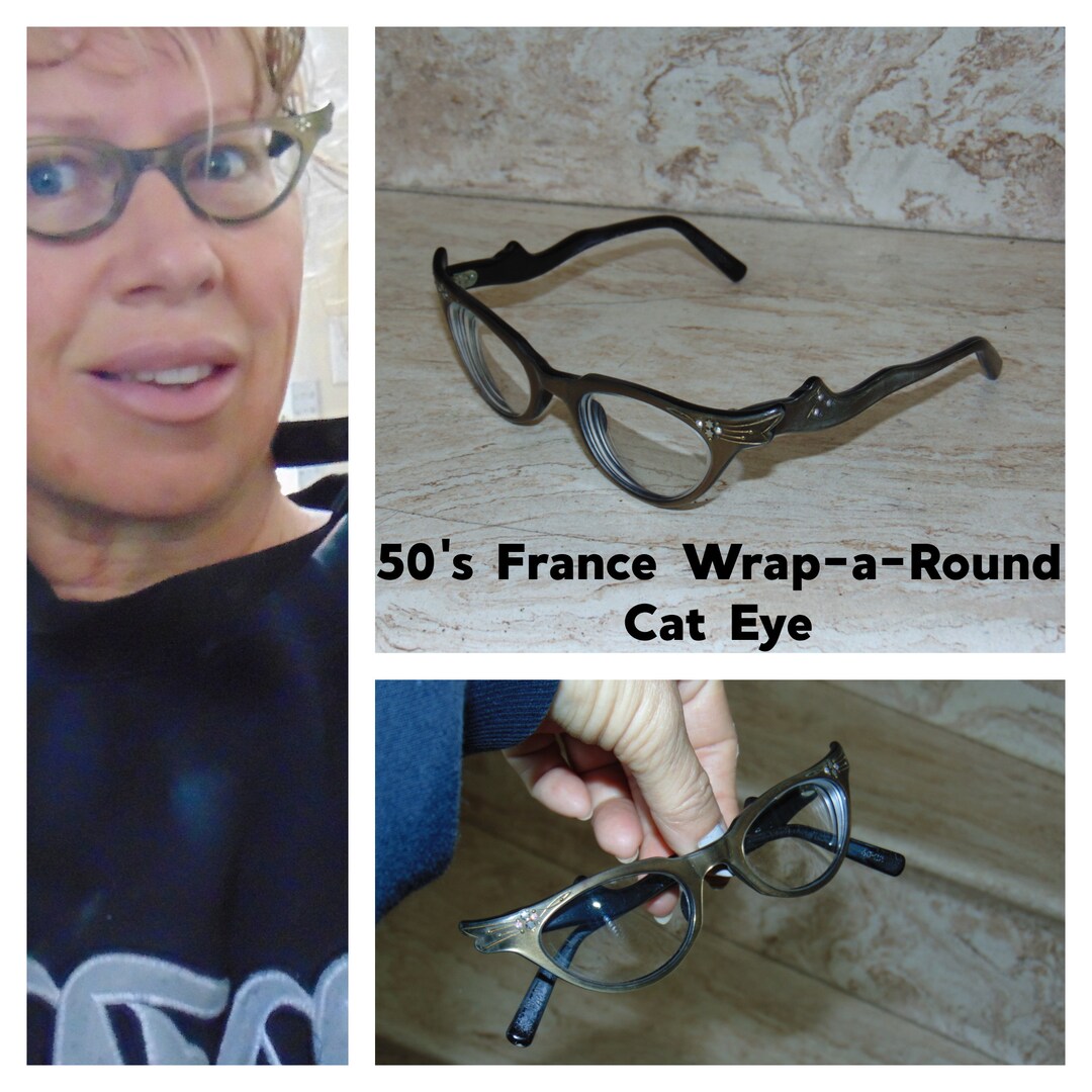 Rare 1950s Wrapped Curved Cat Eye Glasses Frames Stars And Crystals Gold