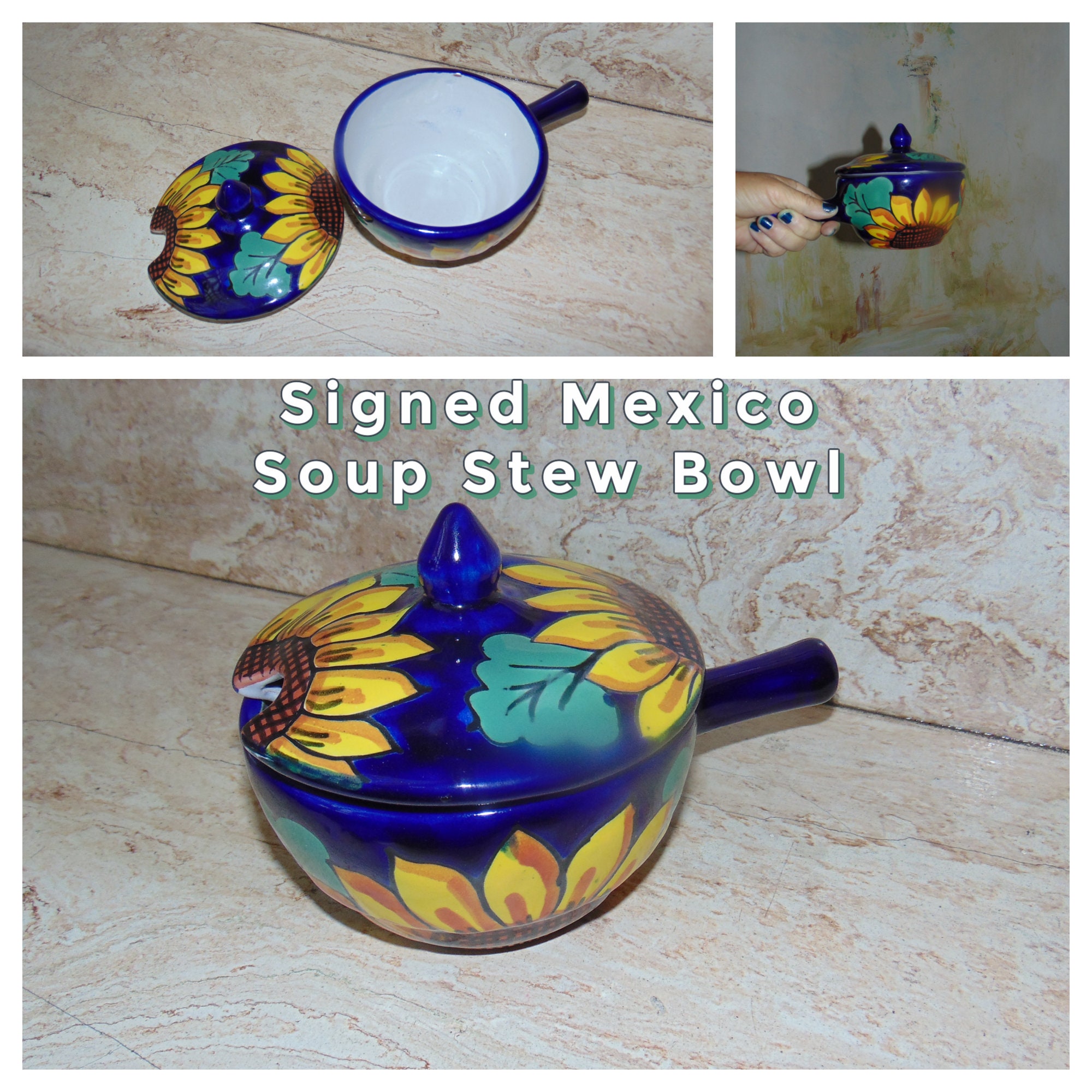 Handmade VTG Folk Art Sunflower Blue Yellow Soup Stew Bowl with Lid and ...