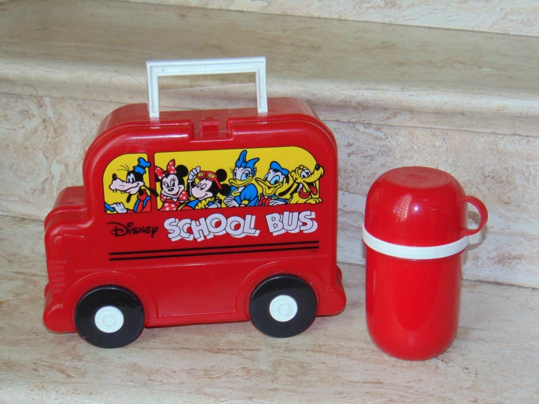 Vintage Disney Red School Bus Lunchbox Plastic Mickey Donald Goofy W ...