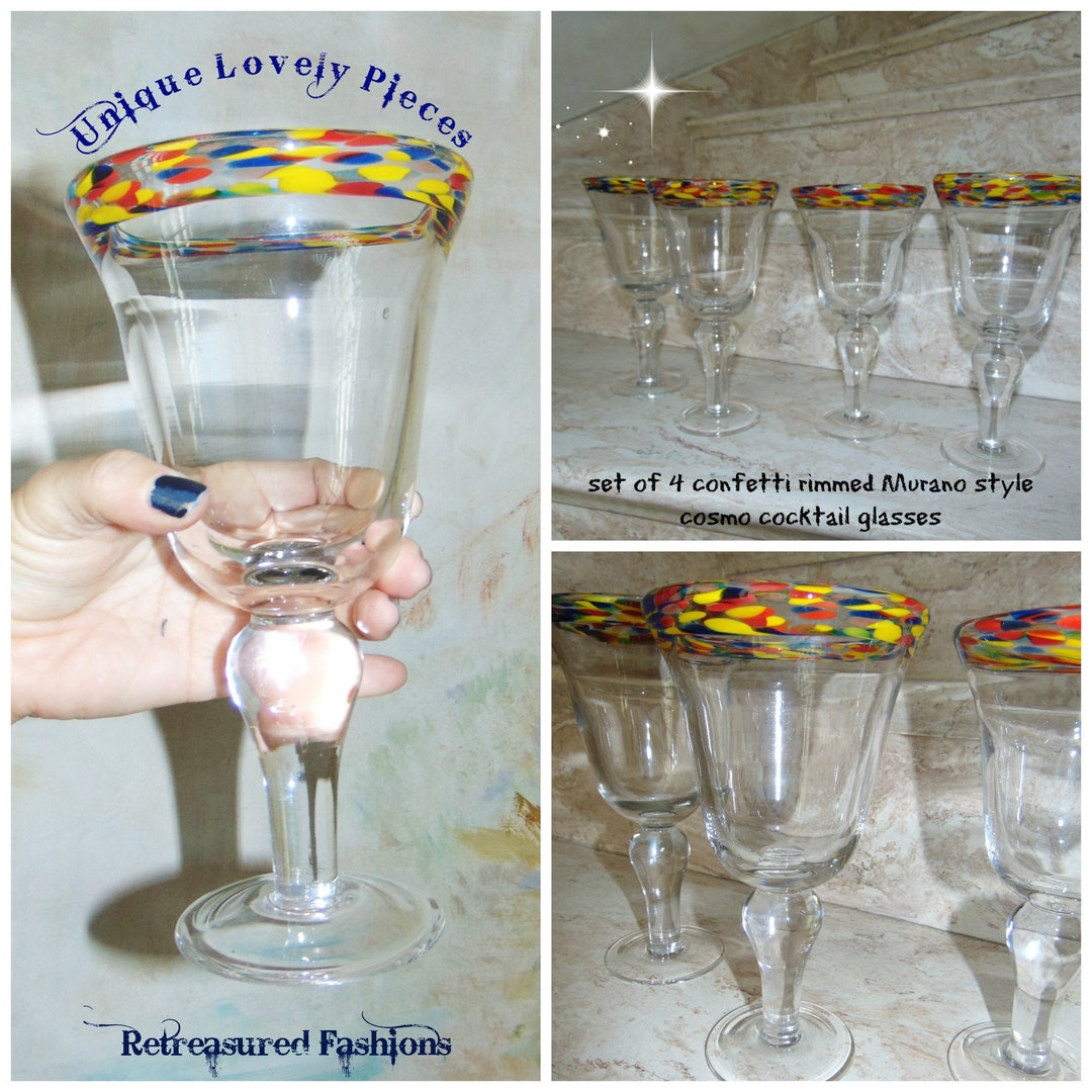 Set of 4 Large Multi-color Confetti Rimmed Murano Style Cosmopolitan ...