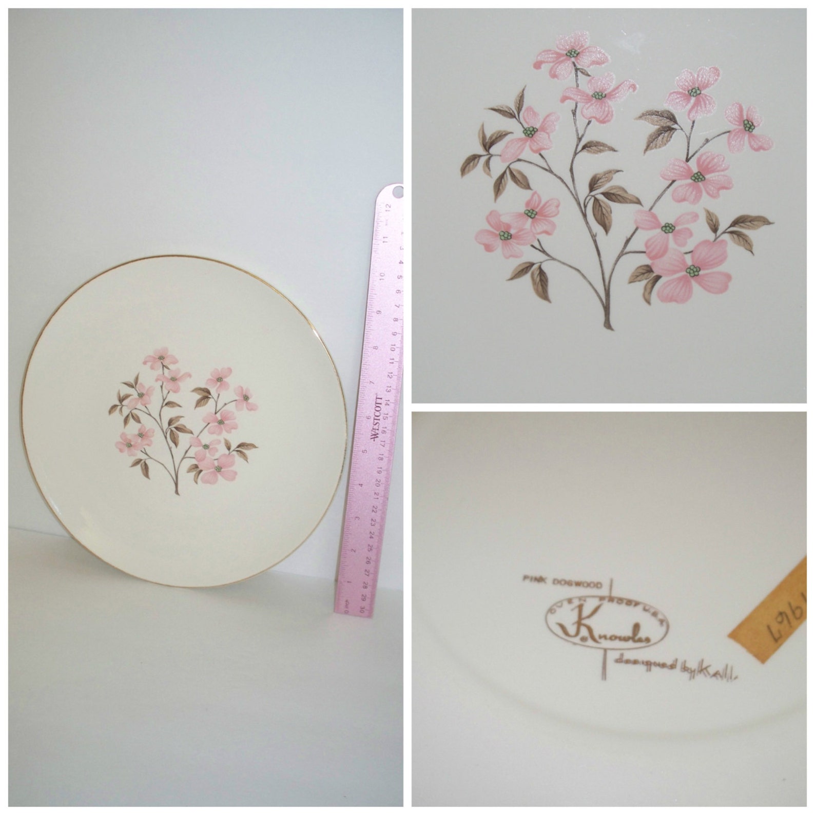 Vintage Mid Century Edwin KNOWLES Kalla Taylor Pink Dogwood Floral Gold ...