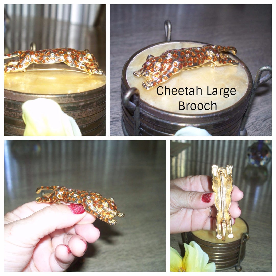 VTG Cheetah Spotted Amber Leopard W/ AB Crystal Embellishments Gold ...