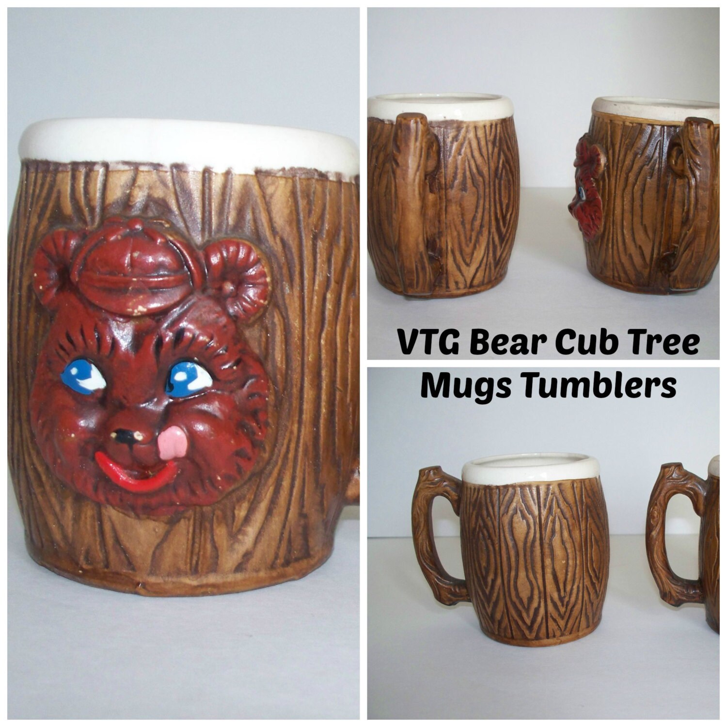 Vintage Set of 2 Cute Bear Cub Face in a Tree Ceramic Mugs / Tumblers ...