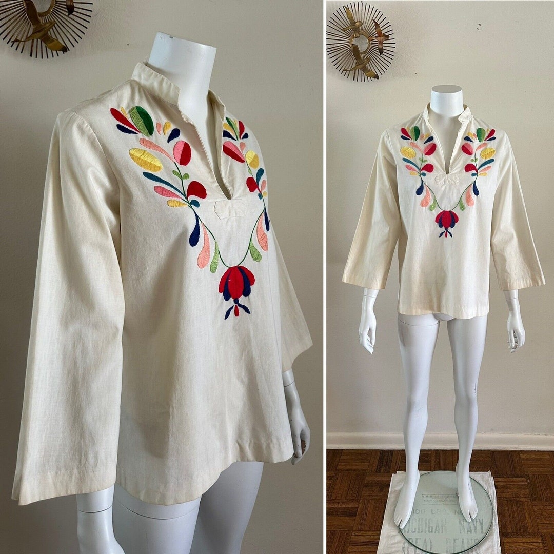 1960s Embroidered Floral Mexican Tunic Pullover Top Shirt Blouse Hippie ...